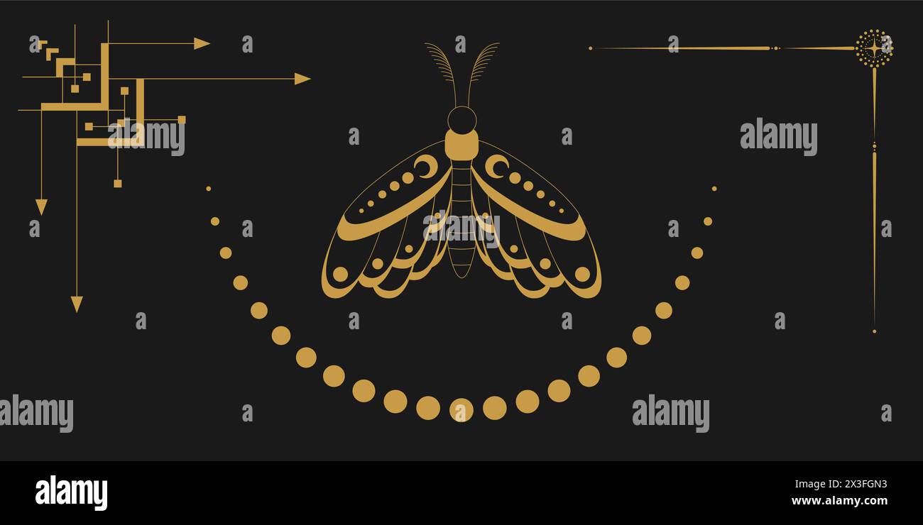 Vector mystic celestial set a with golden outline sun, stars, crescents ...