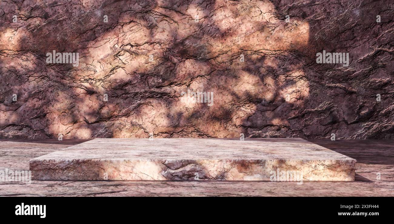 Stone bench in front of rock wall 3d render illustration Stock Photo ...