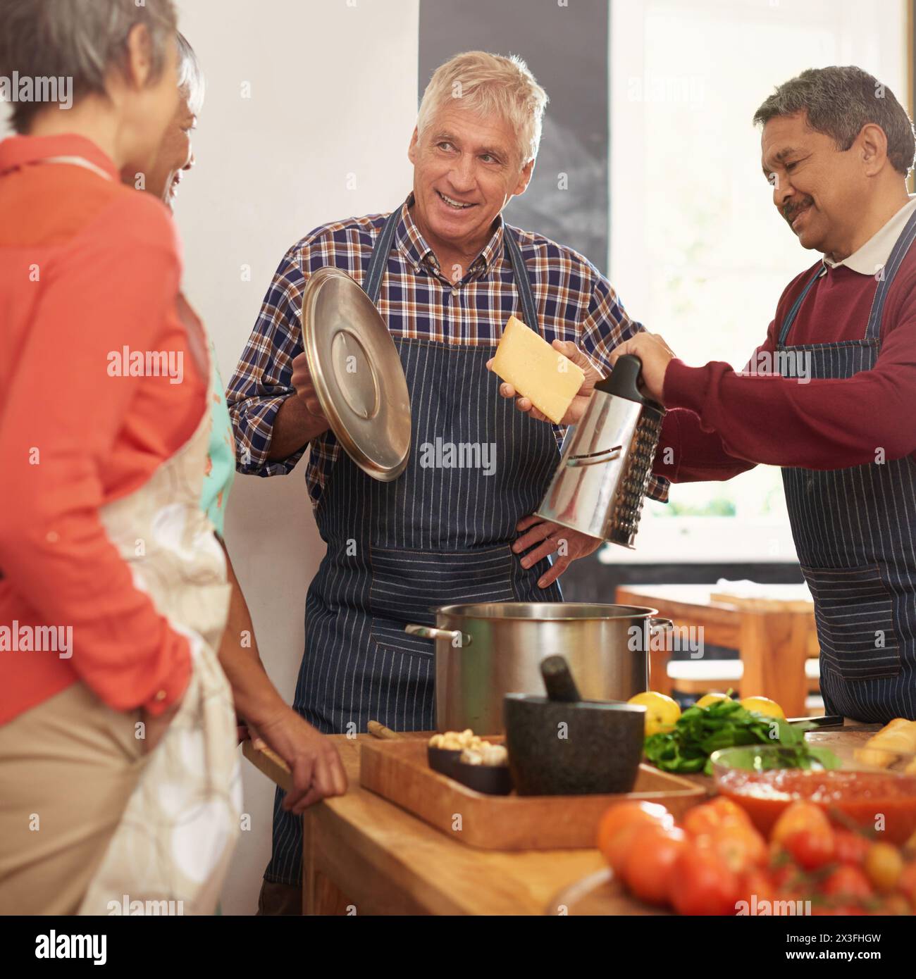 Cooking, food and senior people in kitchen with recipe for bonding ...