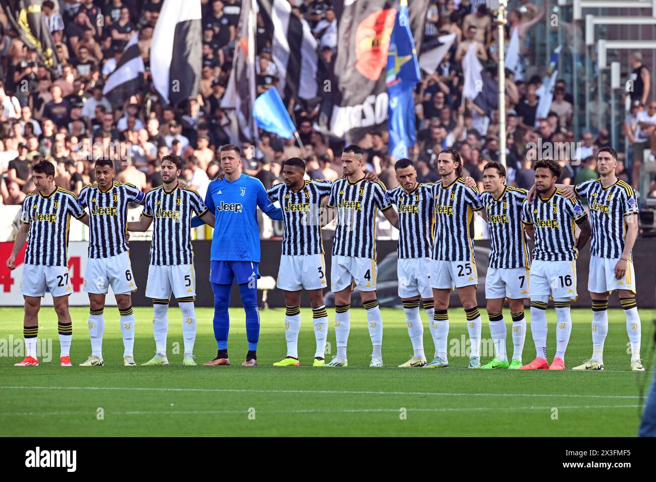 Turin, Italy. 13th, April 2024. The players of Juventus line up for the ...