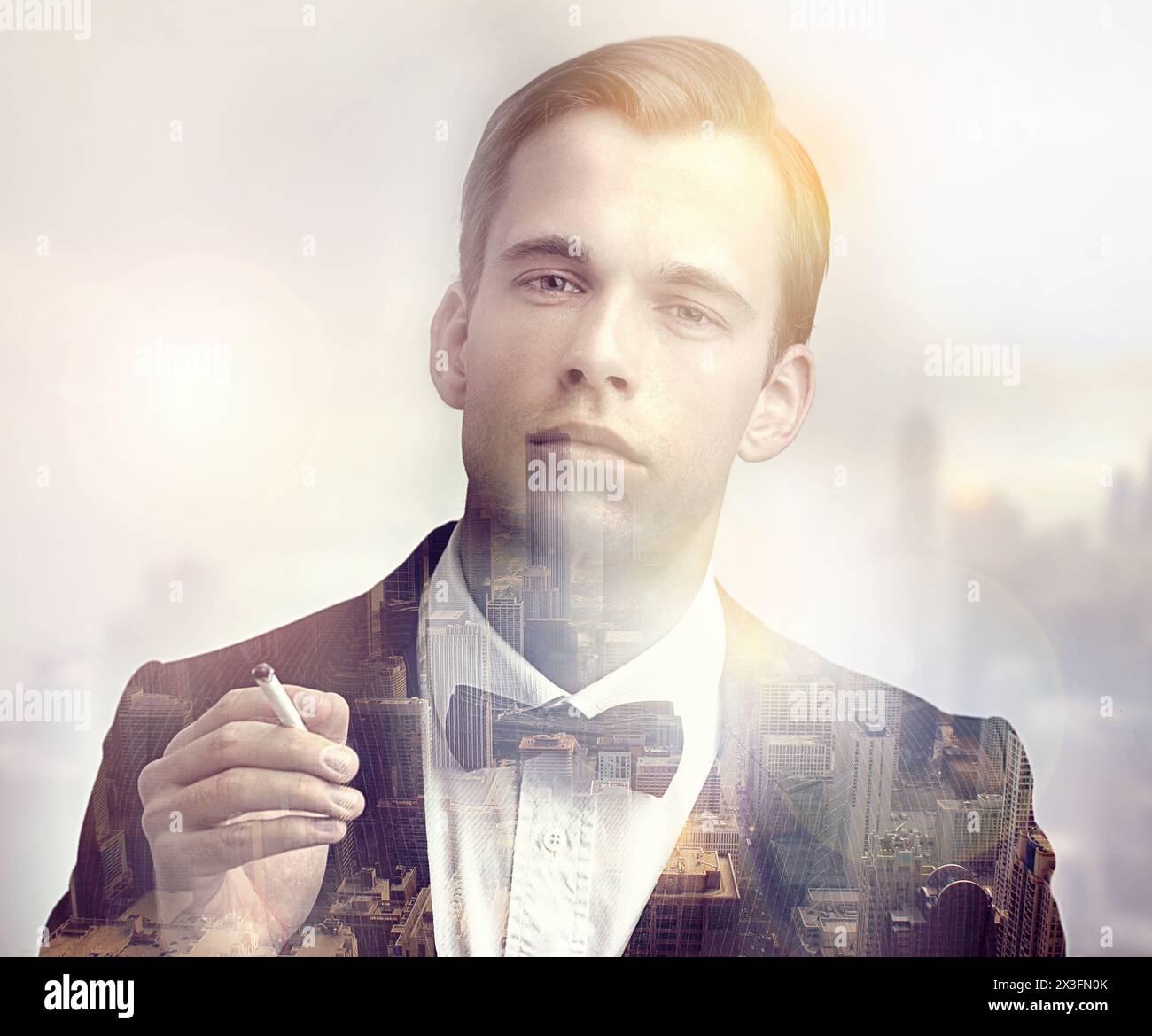 Cigarette, portrait and gentleman with city overlay in suit for vintage ...