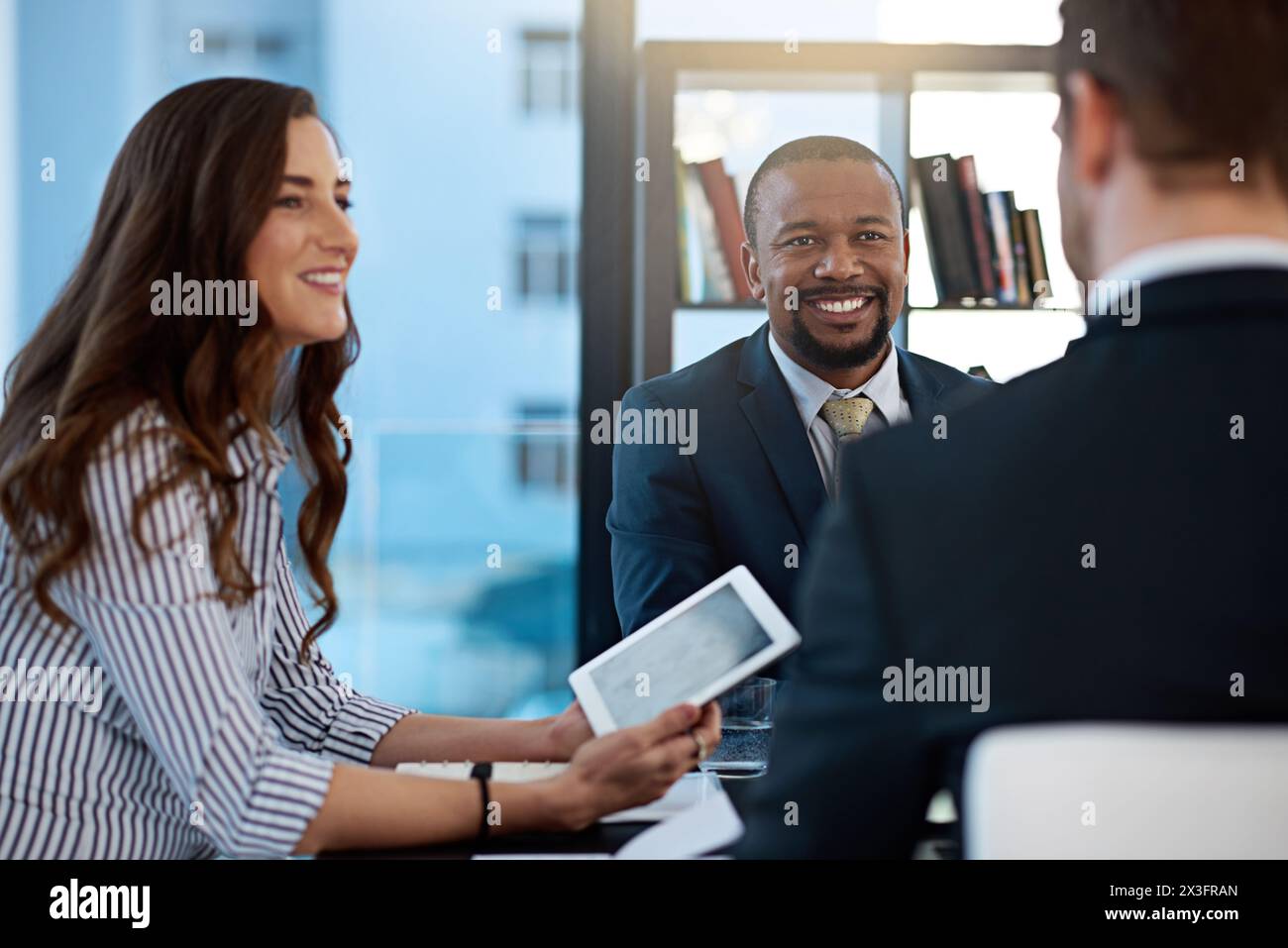 Teamwork, lawyers or business people on tablet for discussion at law ...