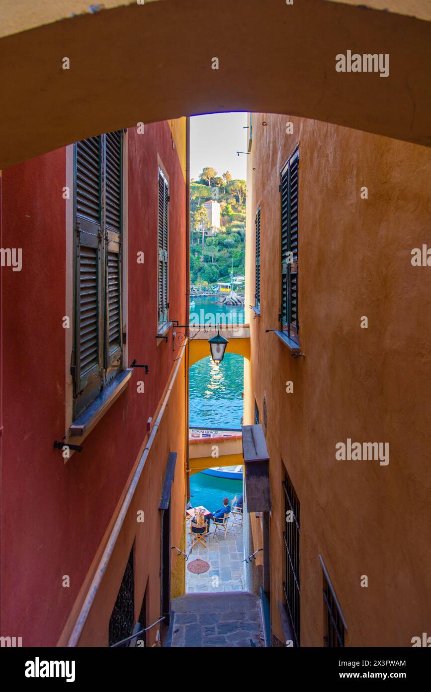 View of Calata Marconi village Portofino featuring stairs sea. Liguria ...