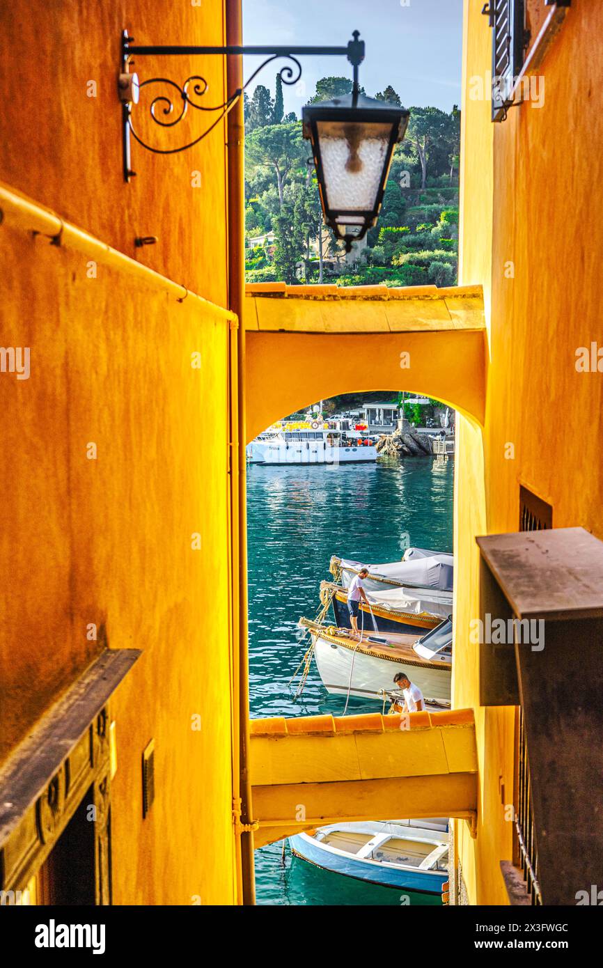View of Calata Marconi village Portofino featuring stairs sea. Liguria ...