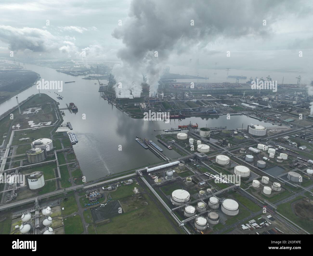 Aerial drone view chemical products production facility in the port of ...