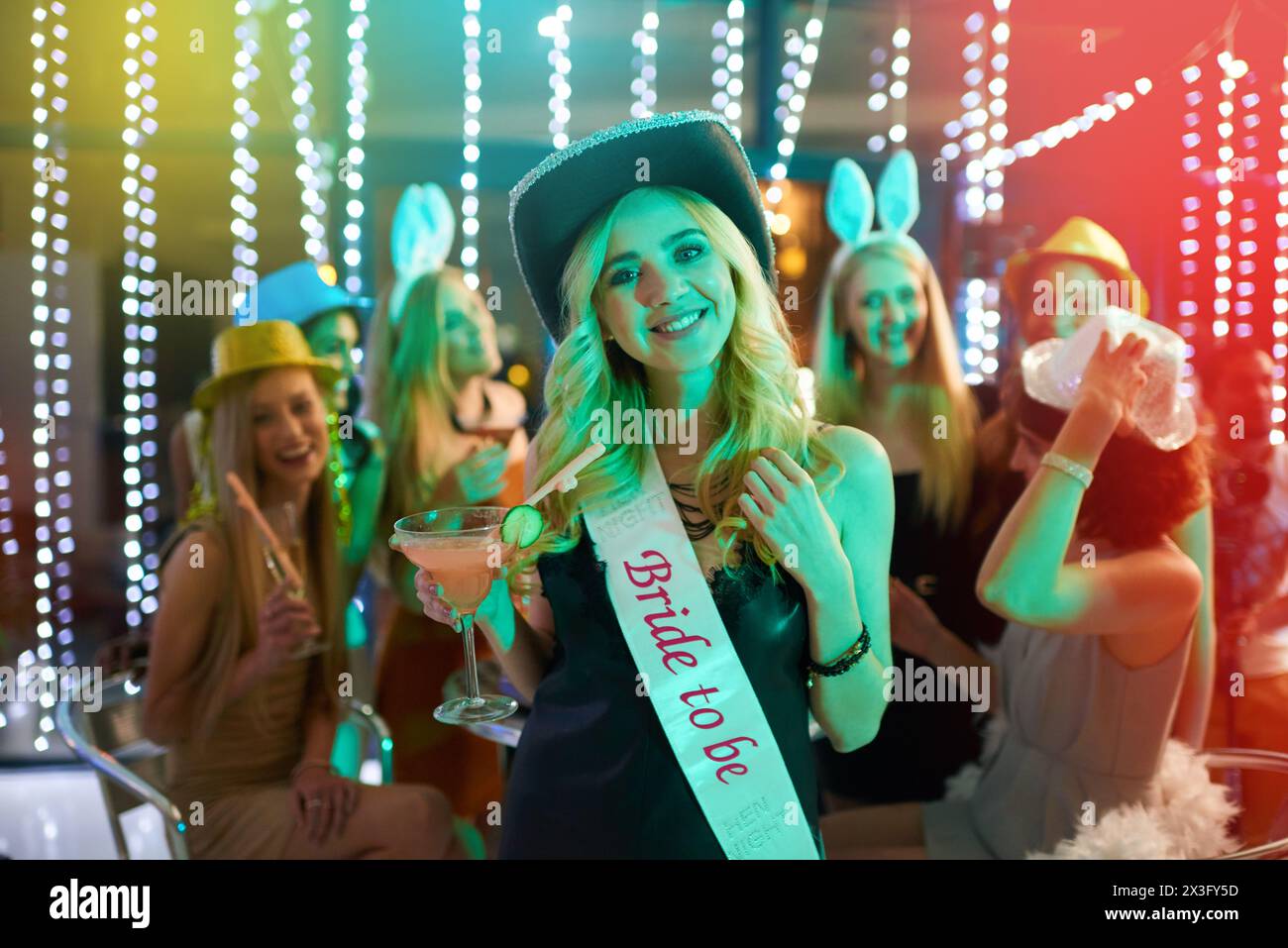 Woman, portrait and bride alcohol in club, bachelorette event and ...