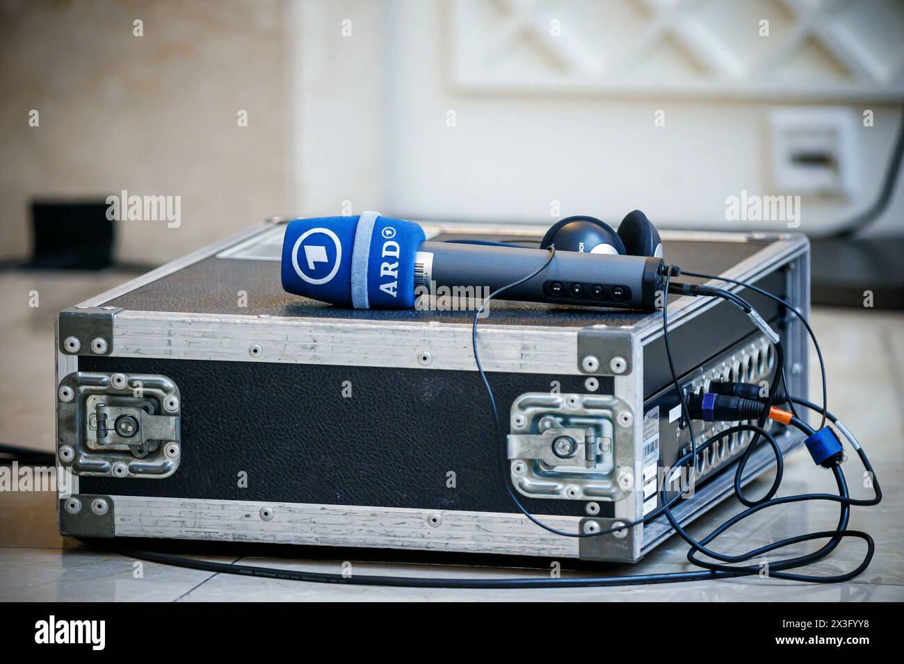 Berlin, Deutschland. 26th Apr, 2024. A microphone from the ARD ...