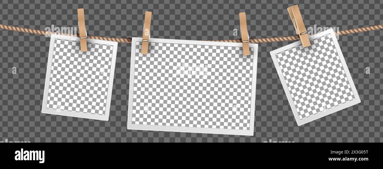 Retro photo frames hanging on rope isolated on transparent background ...