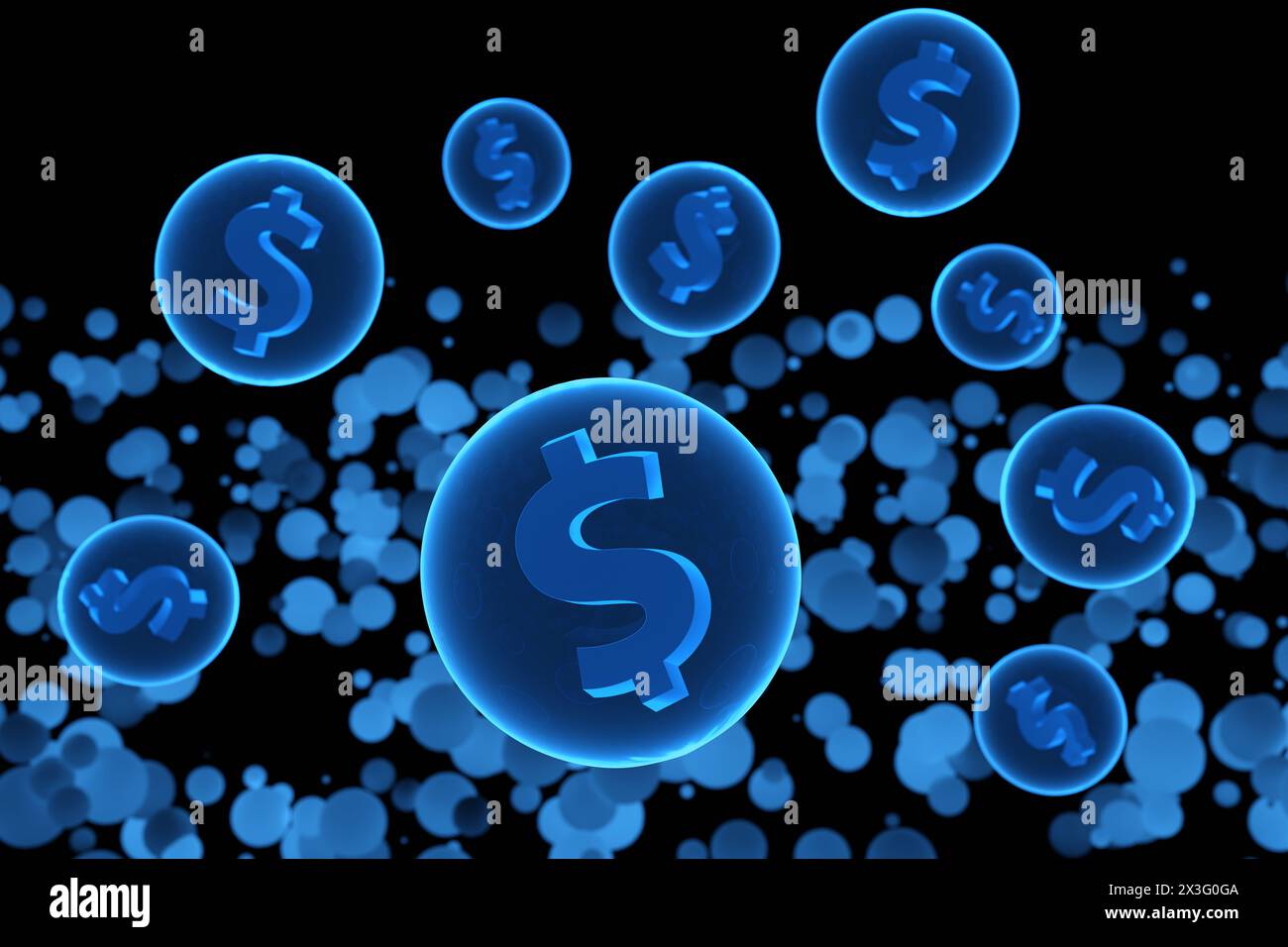Blue neon illuminated dollar signs in a bubble floating in mid air in ...