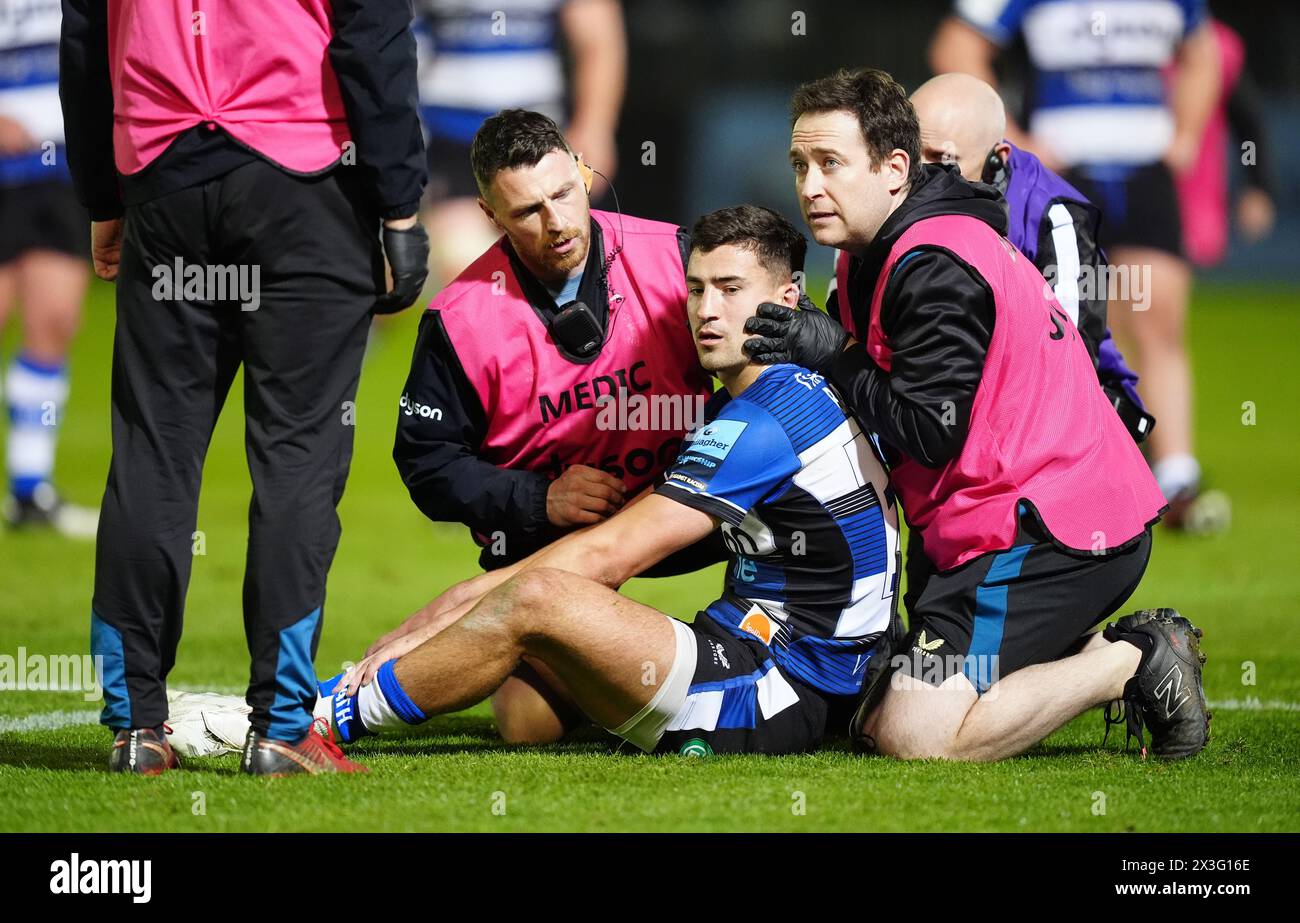 Bath Rugby's Orlando Bailey is treated by medical staff for an injury ...