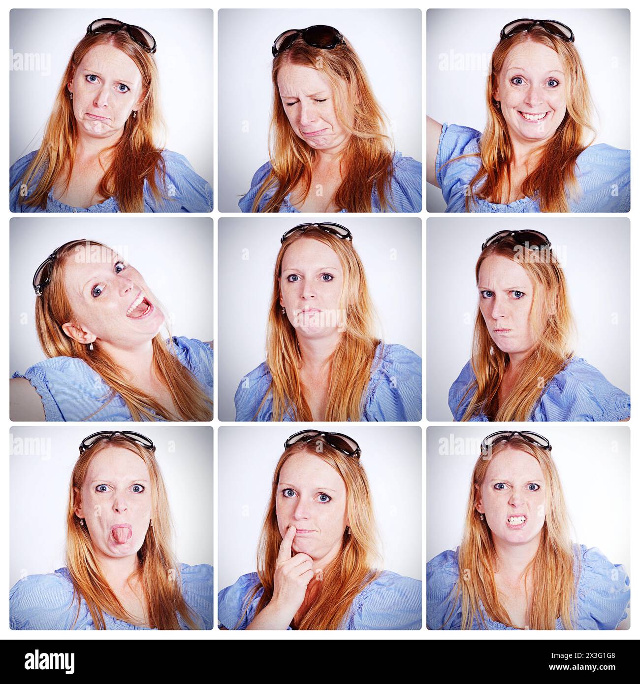 Collage, face and woman with expressions in studio on white background ...