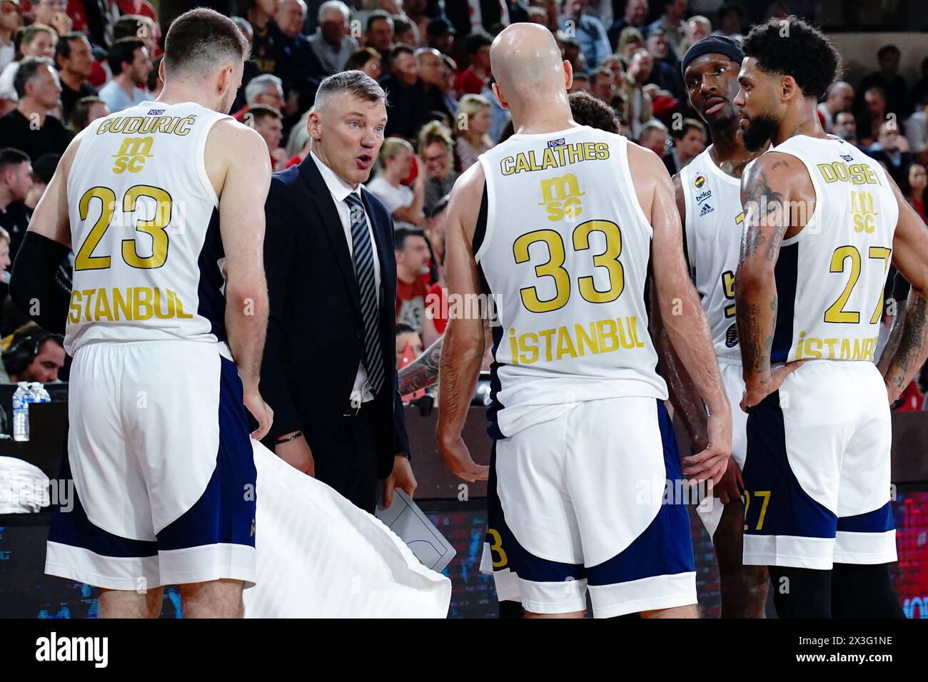 Monaco. 26th Apr, 2024. Coach Saras Jasikevicius (C), Marko Guduric (L ...