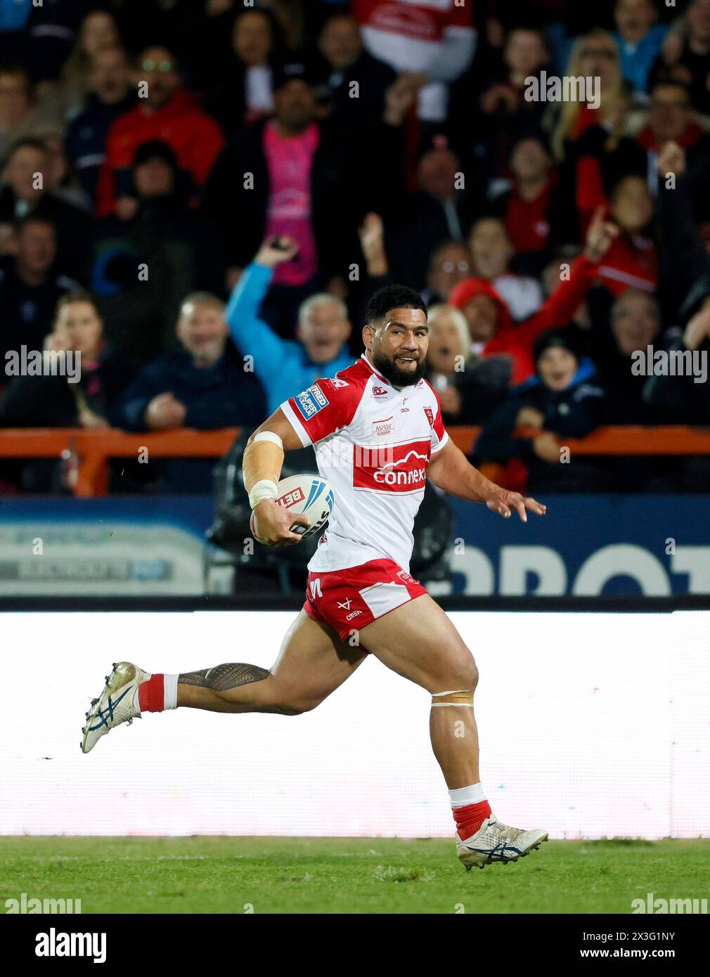 Hull Kingston Rovers' Kelepi Tanginoa on their way to scoring their ...