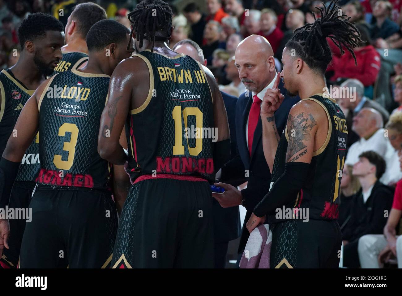 Monaco. 26th Apr, 2024. Coach Sasa Obradovic, Monaco player Jordan Loyd ...