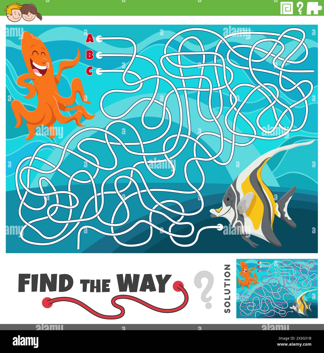 Cartoon illustration of find the way maze puzzle activity with funny ...