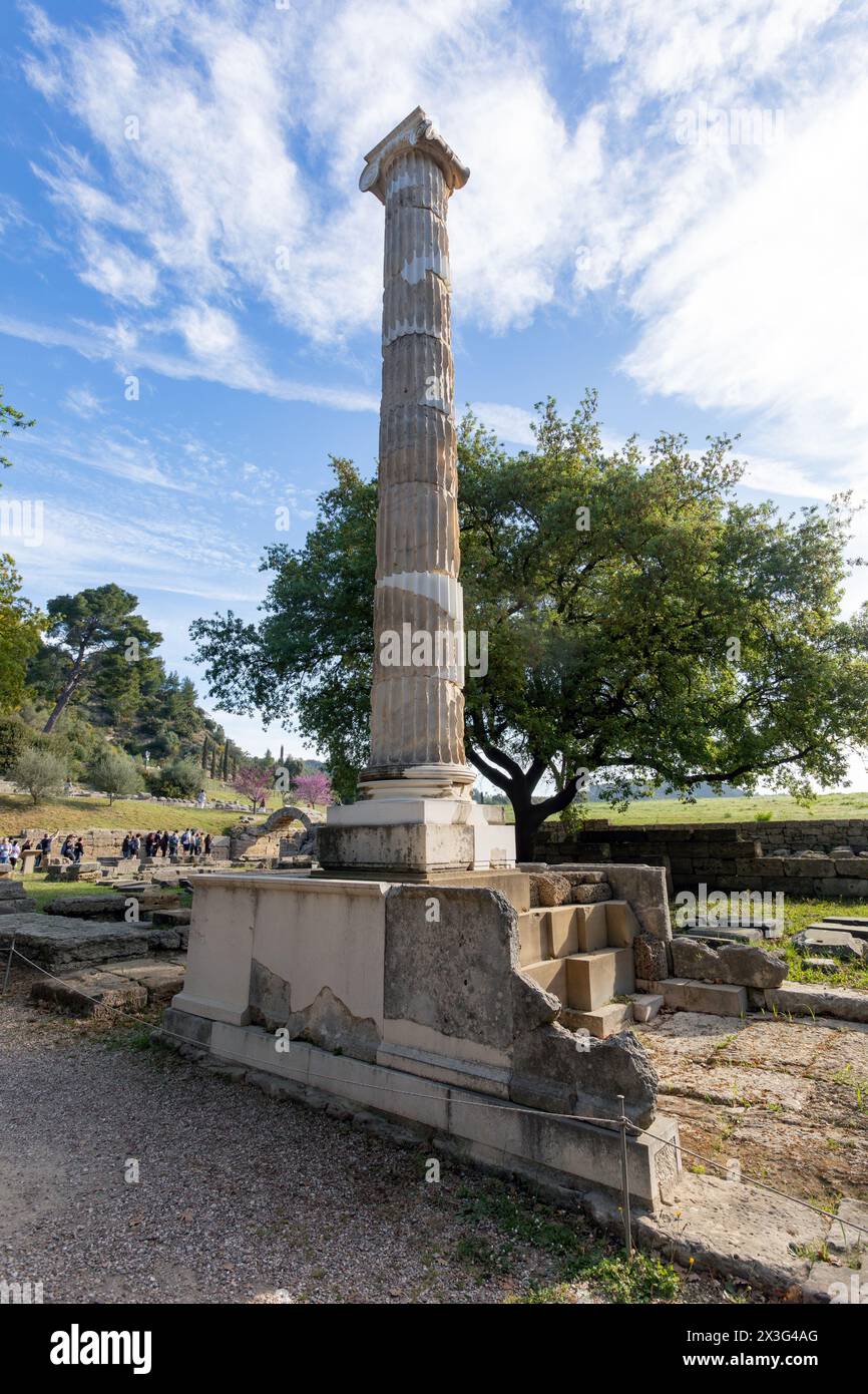 Ionic column of the echo portico (4th BC),Ancient Olympia, Olympia, Greece Stock Photo - Alamy