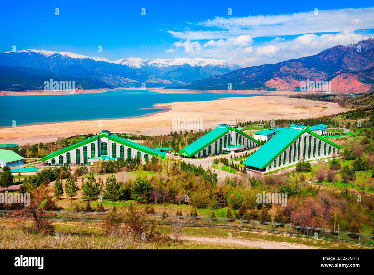 Chorvoq Oromgohi or Pyramids Hotel near the Lake Charvak, a water ...