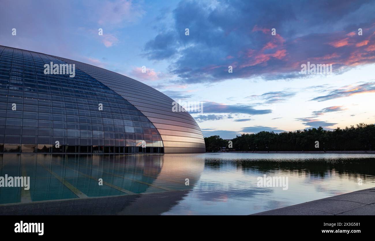 the national centre hall at sunset in Beijing, Titanium-encased, egg ...