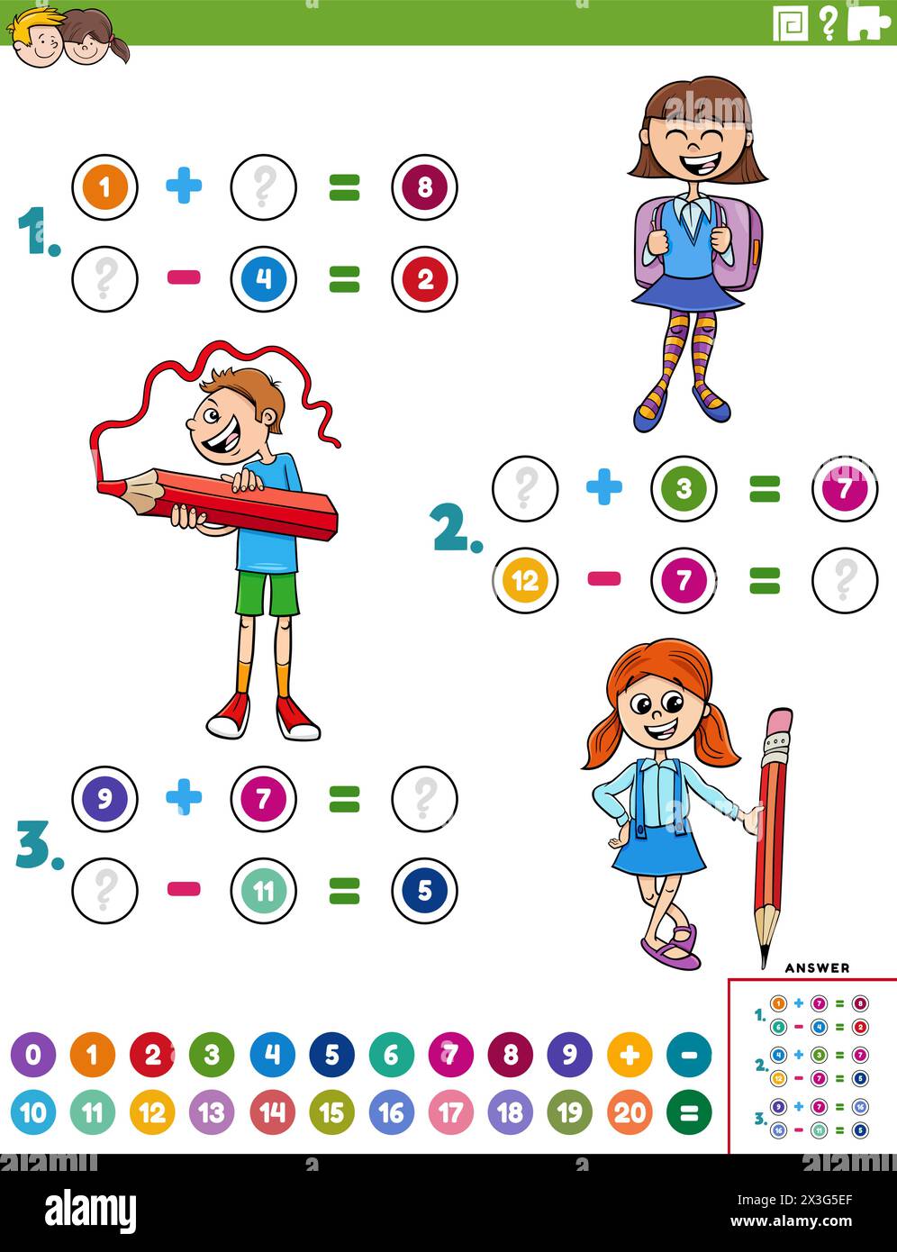 Cartoon illustration of educational mathematical addition and ...