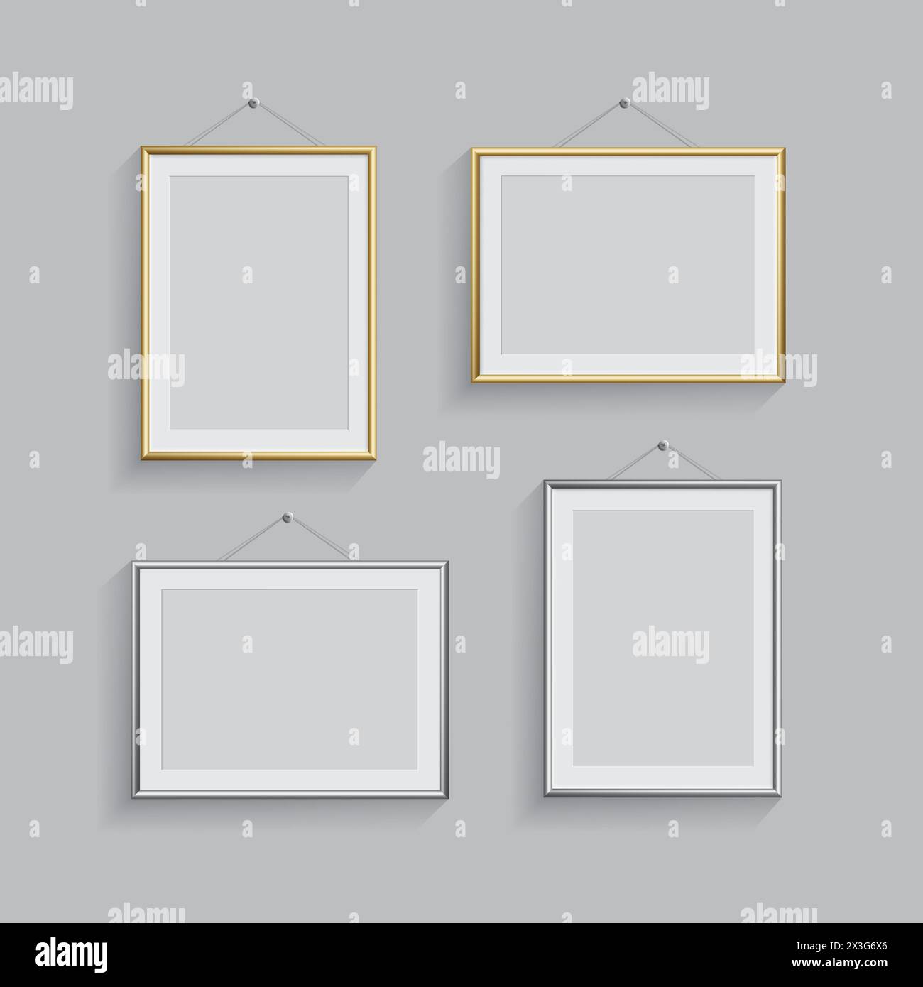 Golden and silver picture or photo frames in different positions ...