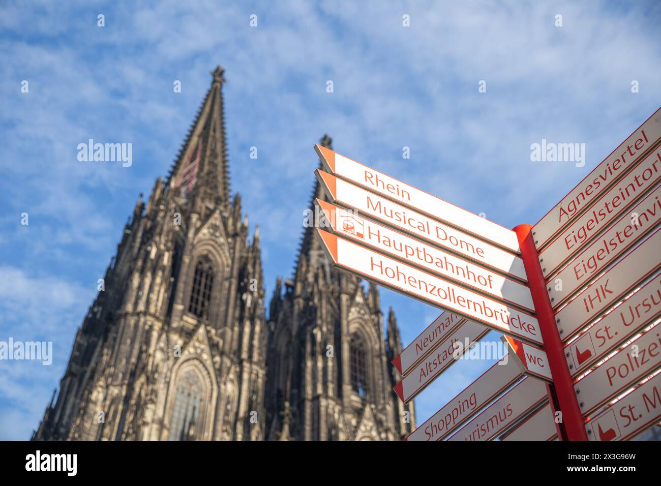 The Cologne Cathedral with travel road sign, German travel Stock Photo ...