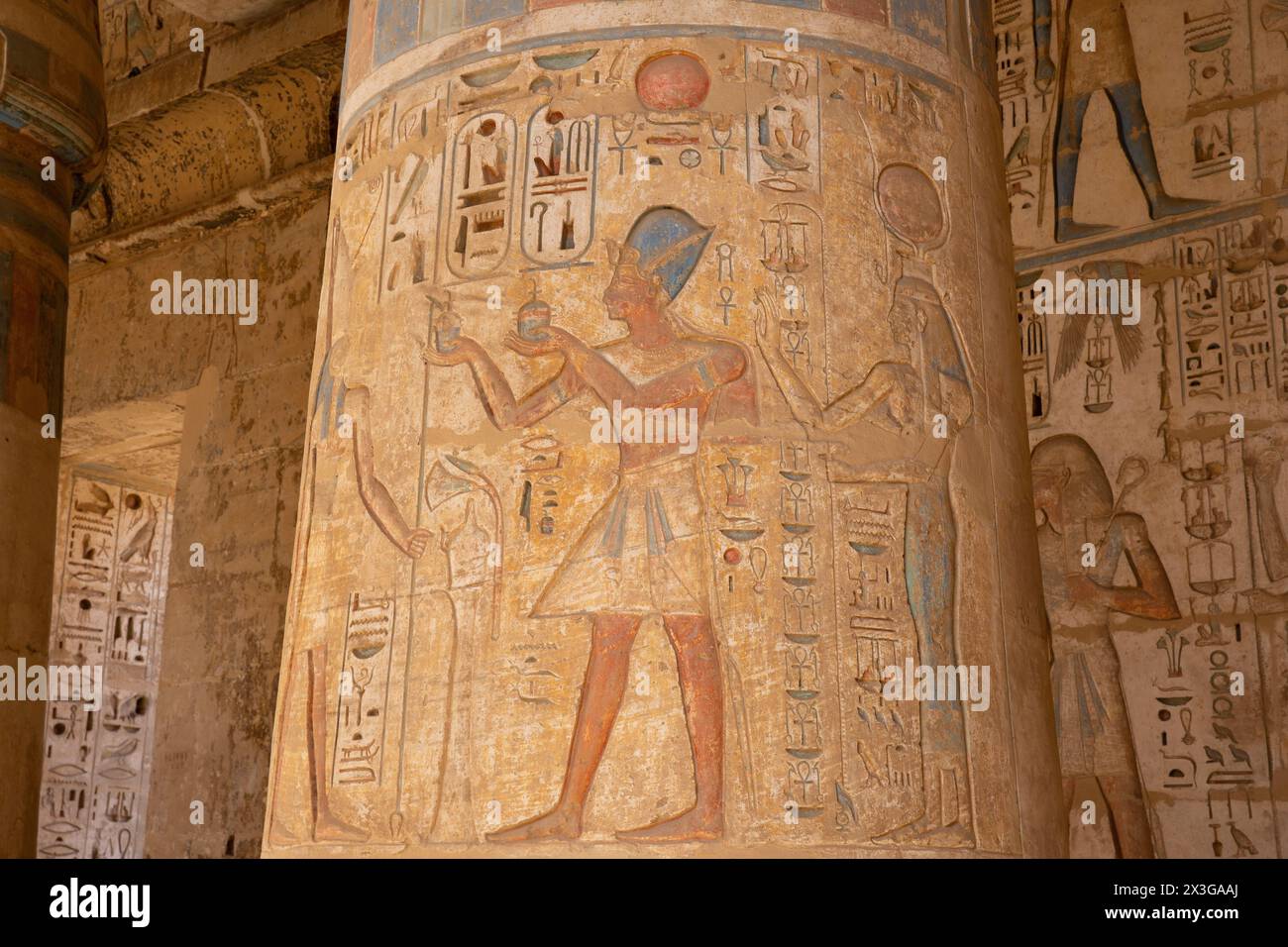 The Egyptian pharaoh Ramses III making an offering at the Great Hypostyle Hall of the Mortuary ...