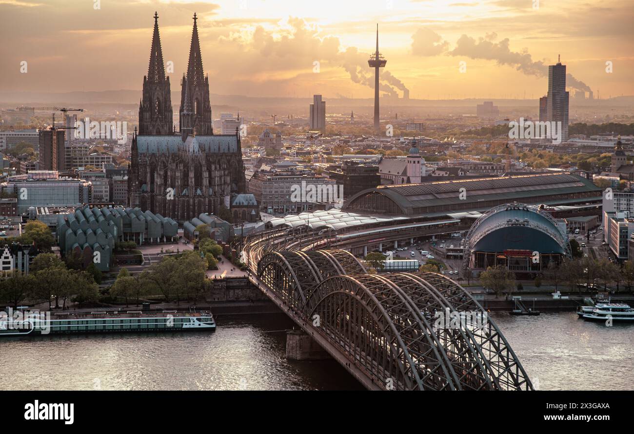 Ariel view of Cologne Cathedral, Rhine river, Cologne central station ...