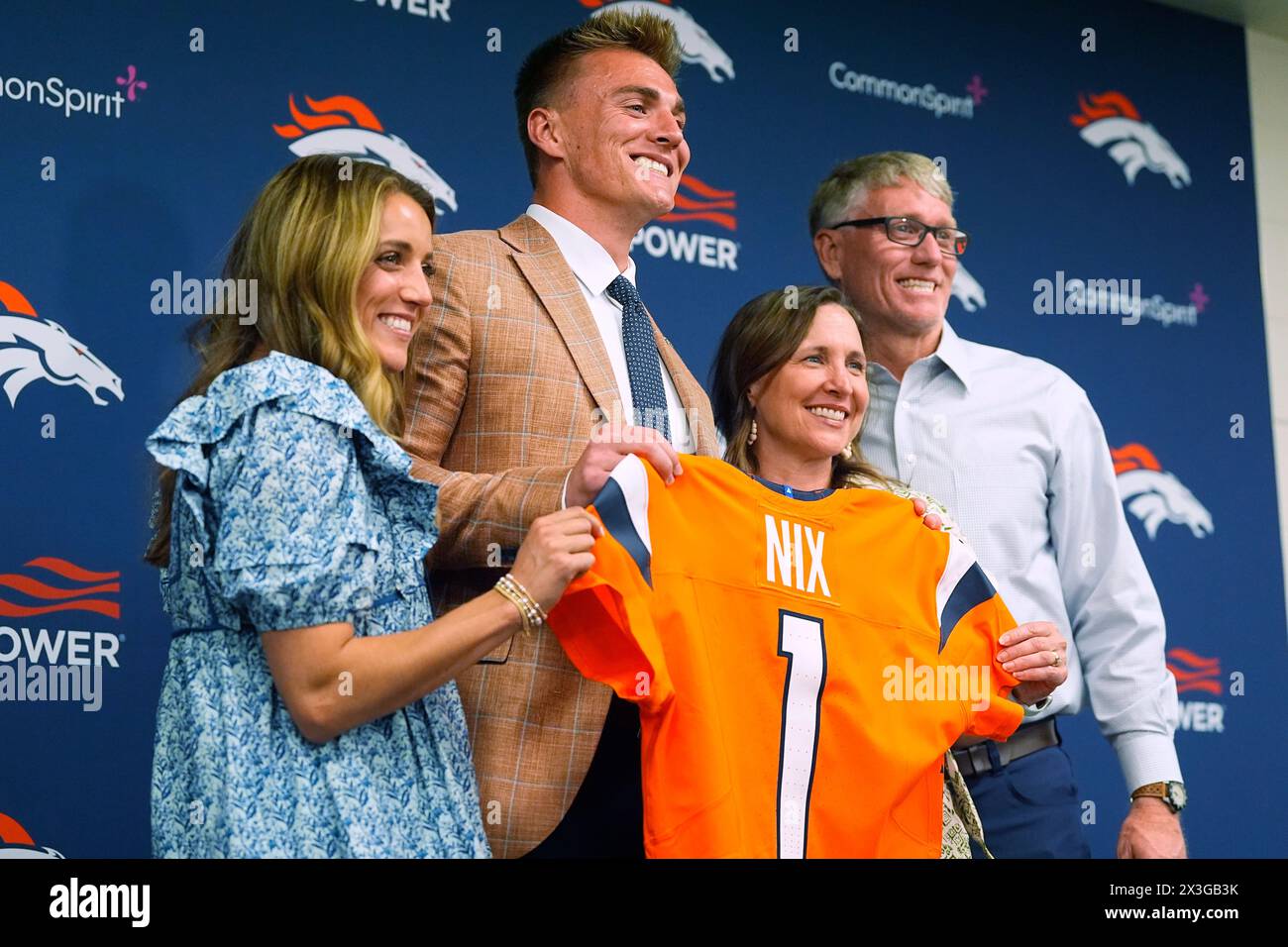 Denver Broncos draft pick quarterback Bo Nix, second from left; his ...