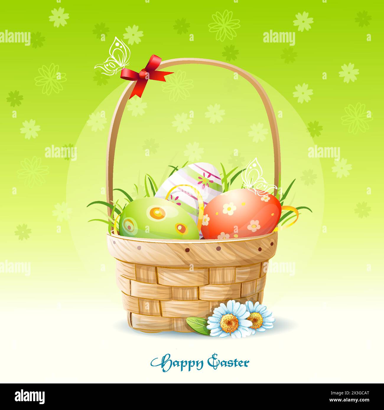 Happy Easter card and a basket with Easter eggs. Background image for ...