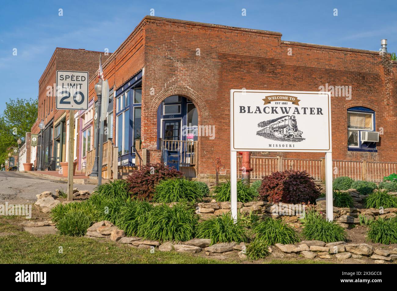 Blackwater, MO, USA - April 22, 2024: Street view and welcome sign to the the historic town of ...