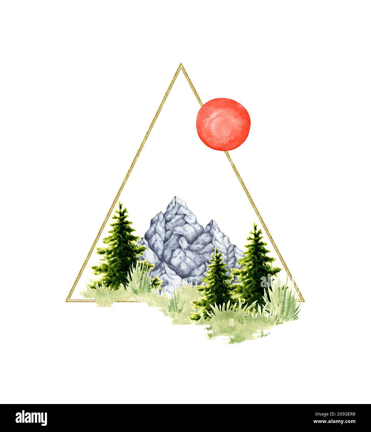 Natural landscape triangular frame watercolor illustration. Forest ...