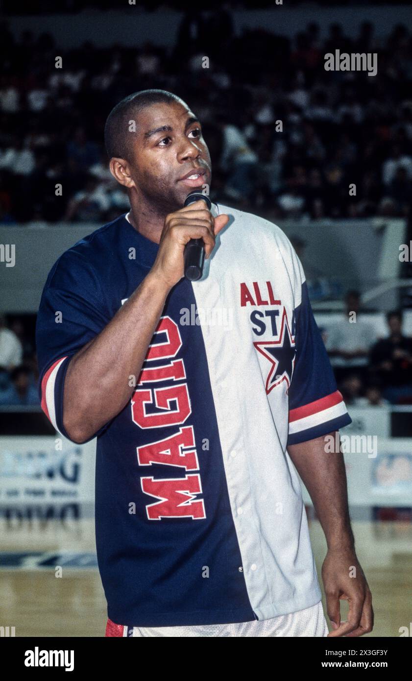 American athlete and basketball player Magic Johnson on court during a ...