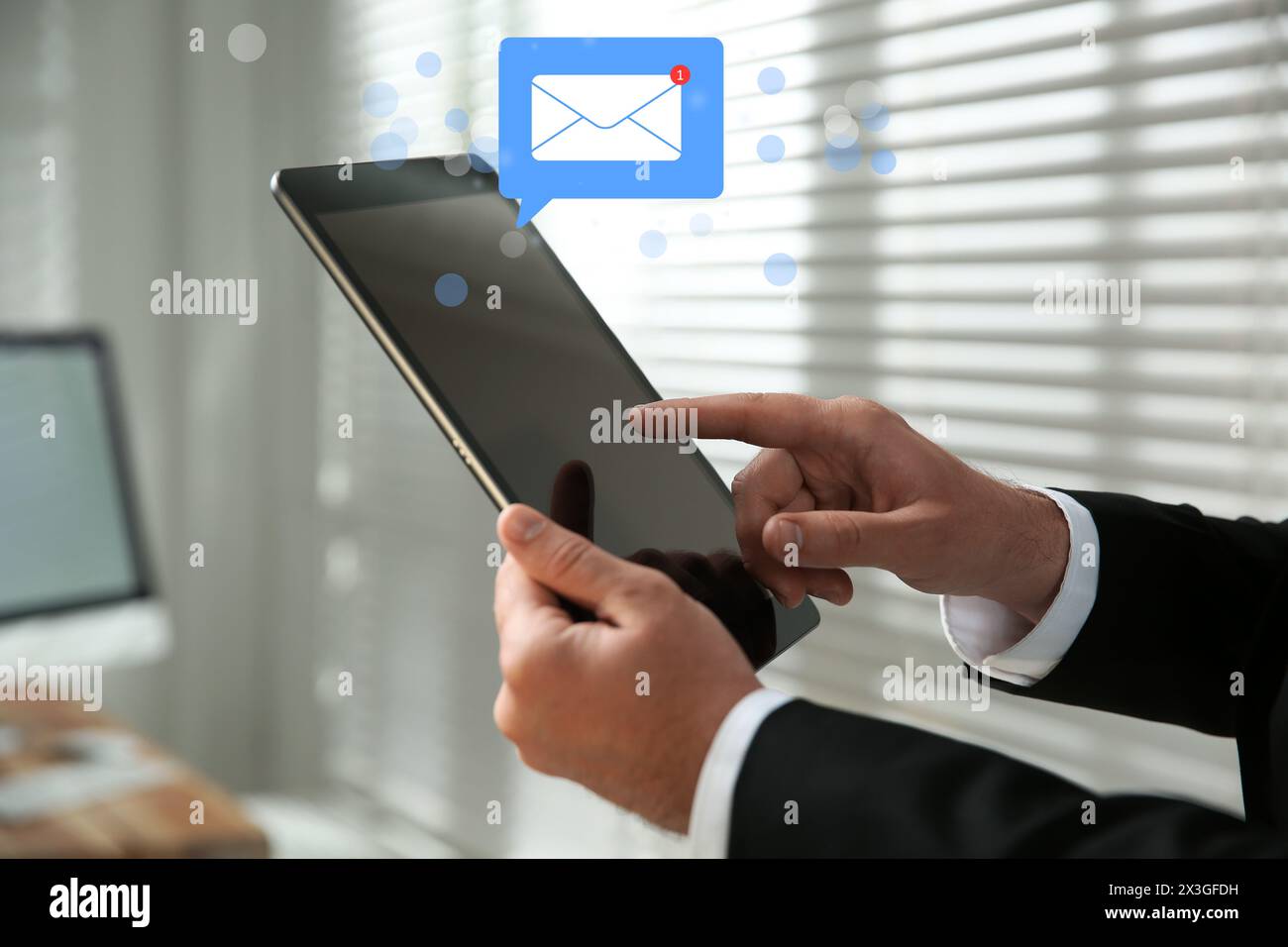 Email. Man using tablet indoors, closeup. Incoming letter notification ...