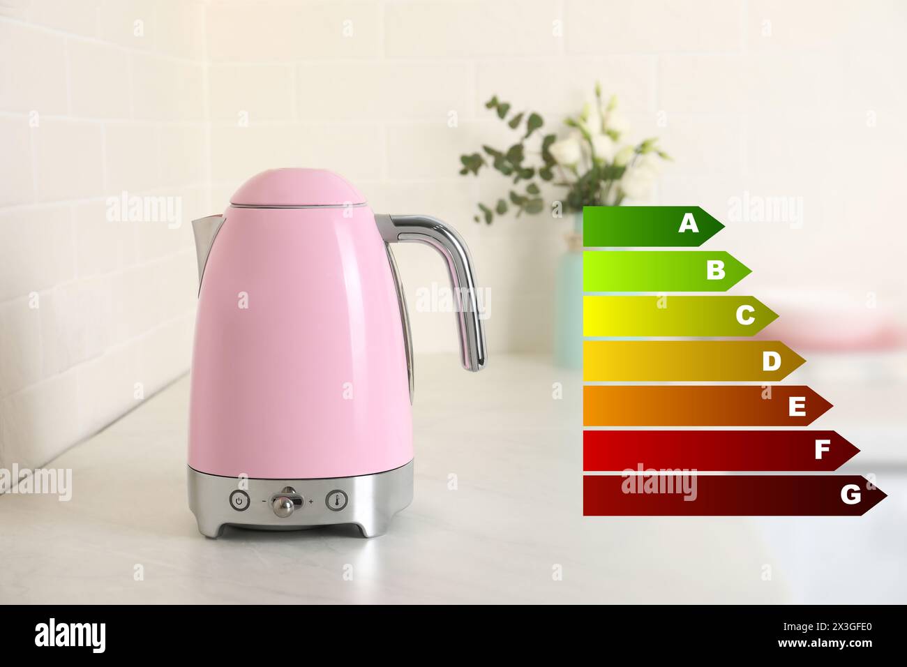 Energy efficiency rating label and electric kettle indoors Stock Photo ...