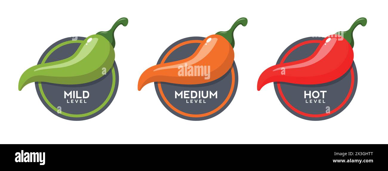 Set of hot red pepper strength scale. Indicator with mild, medium and ...