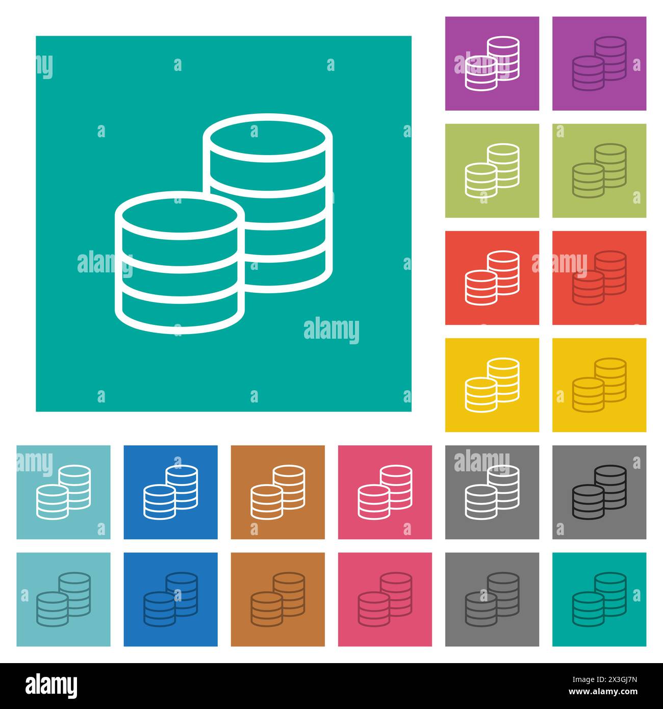 Stack of coins outline multi colored flat icons on plain square ...