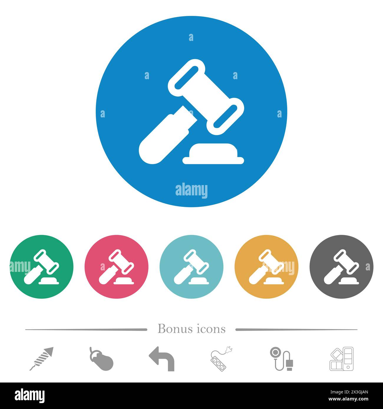 Gavel solid flat white icons on round color backgrounds. 6 bonus icons ...