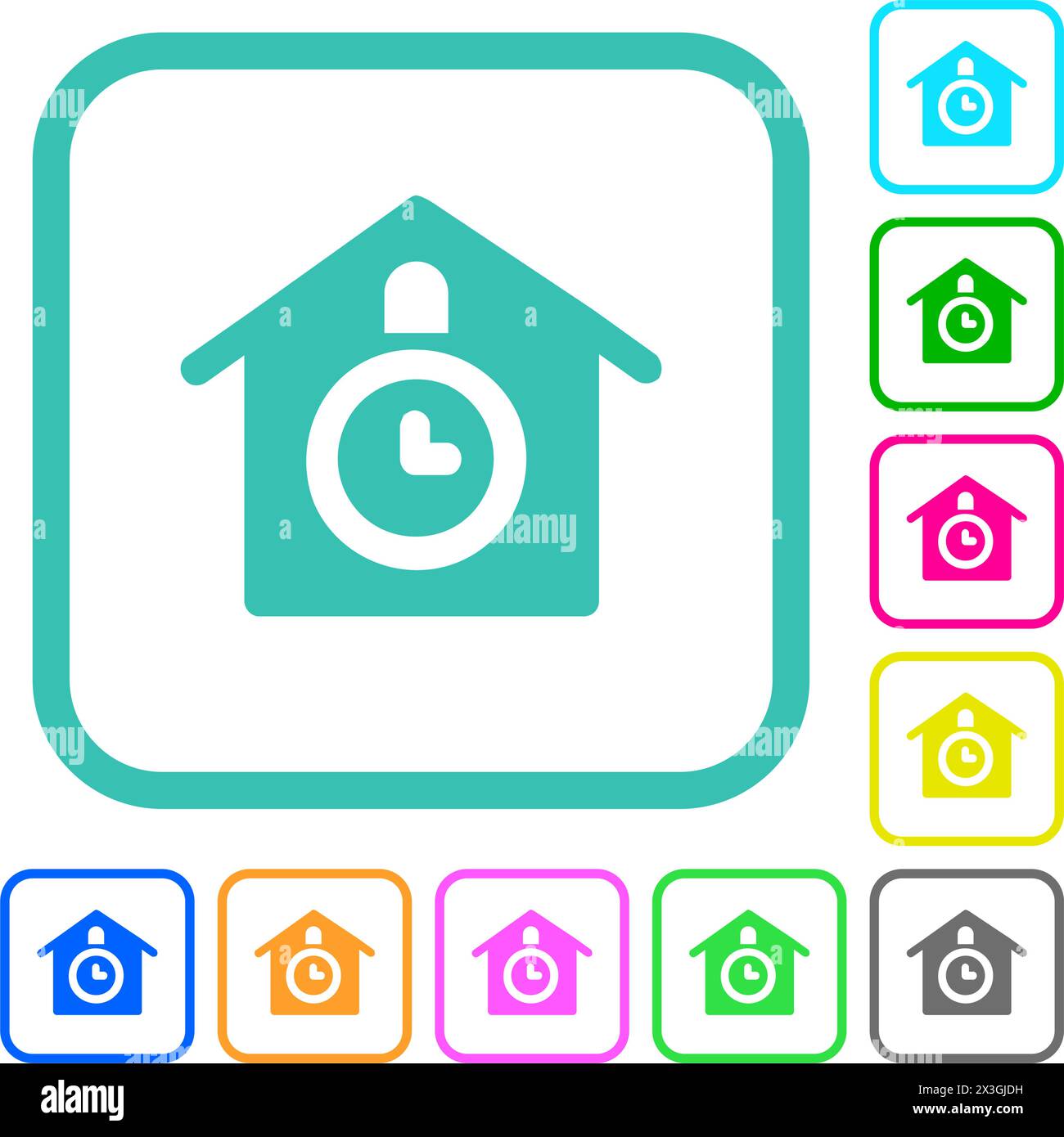 Cuckoo clock solid vivid colored flat icons in curved borders on white ... Cuckoo clock solid vivid colored flat icons in curved borders on white ...