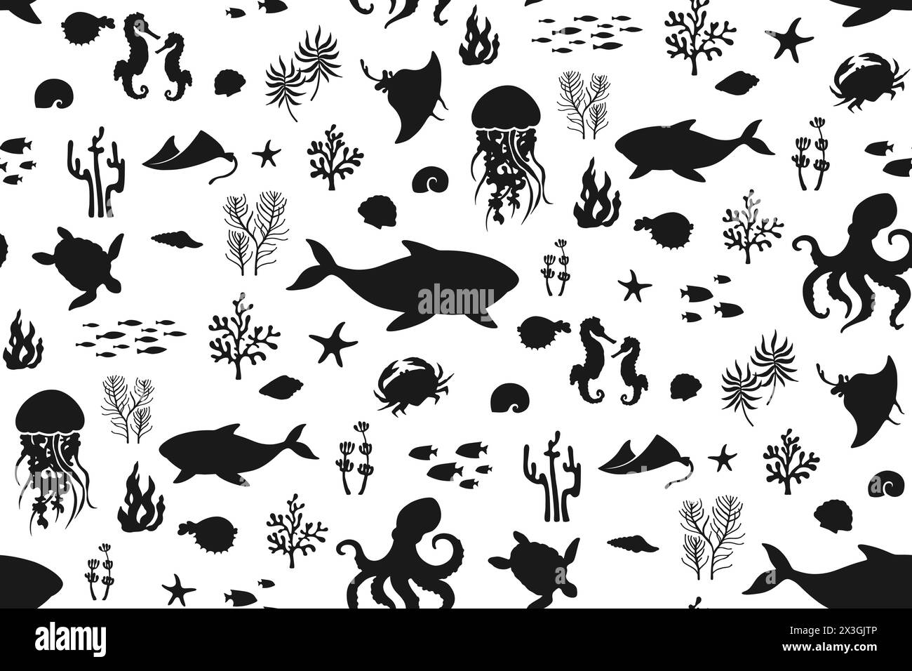 Ocean sea animals silhouette seamless pattern. Marine jellyfish ...