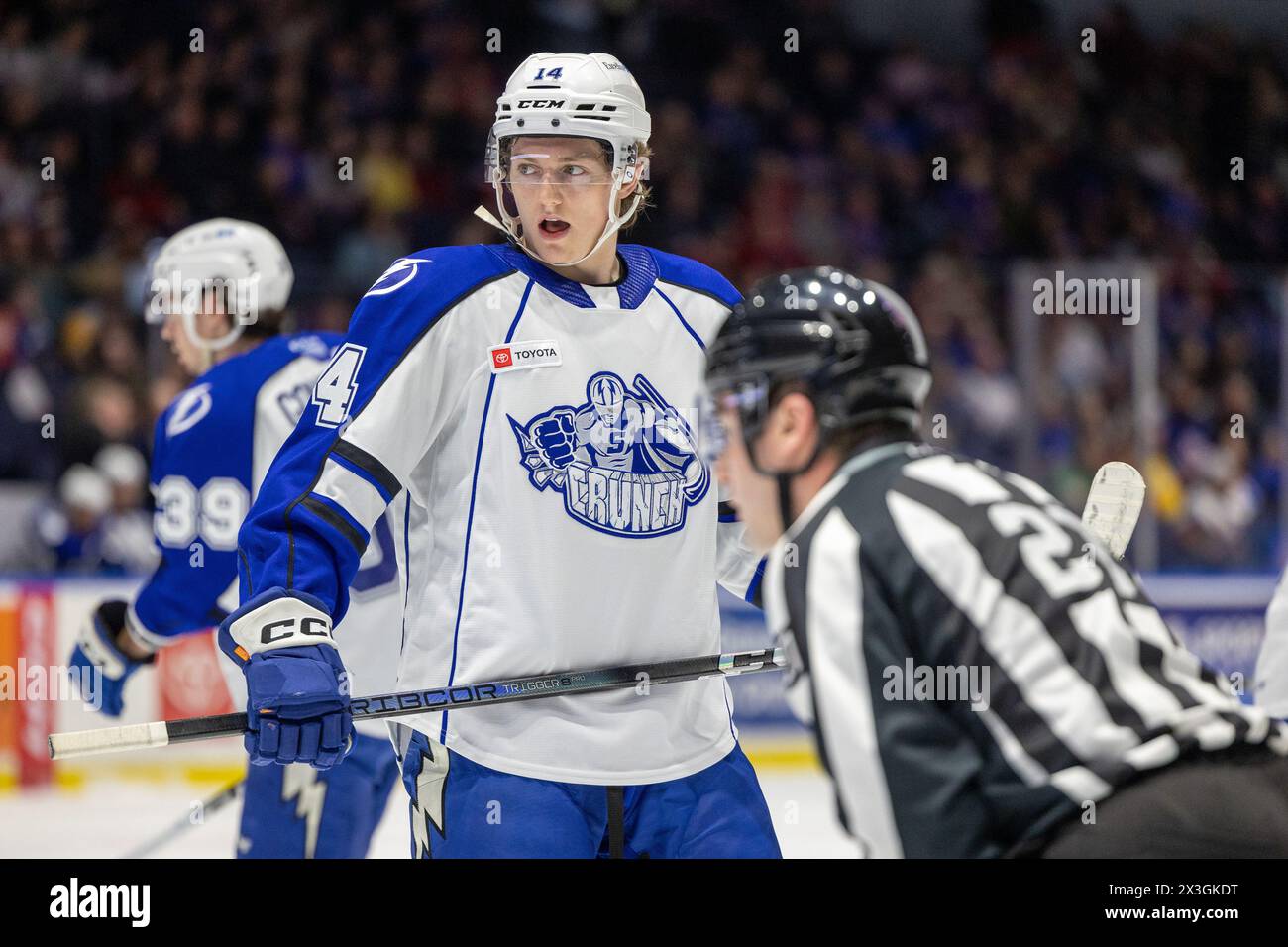 April 26th, 2024: Syracuse Crunch forward Tristan Allard (14) skates in ...