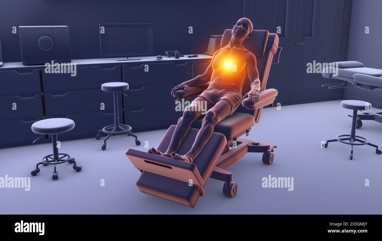 Illustration depicting a male patient on a medical recliner ...