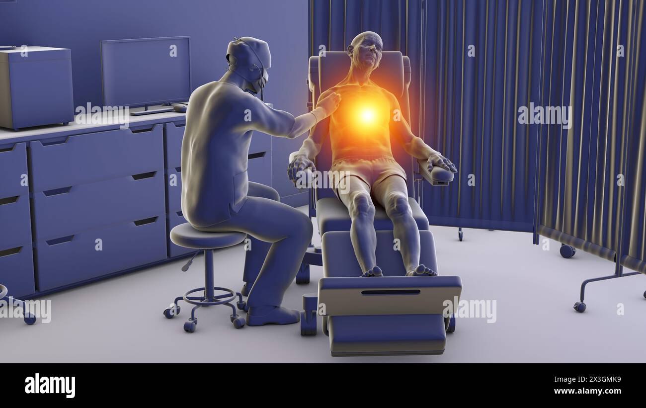 Illustration depicting a male patient on a medical recliner ...