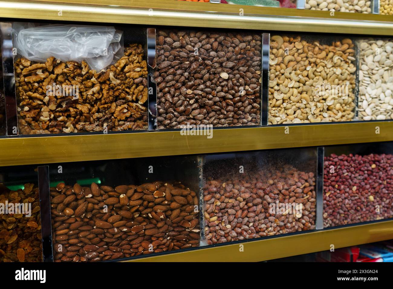 A display case filled with various nuts in Morocco Stock Photo - Alamy