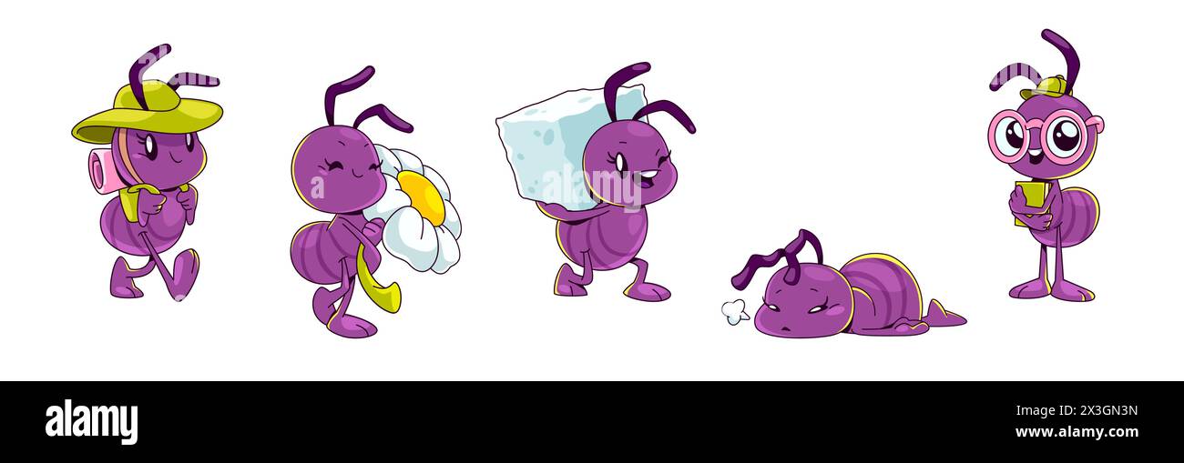 Cute purple ant cartoon character in different poses. Comic vector set ...
