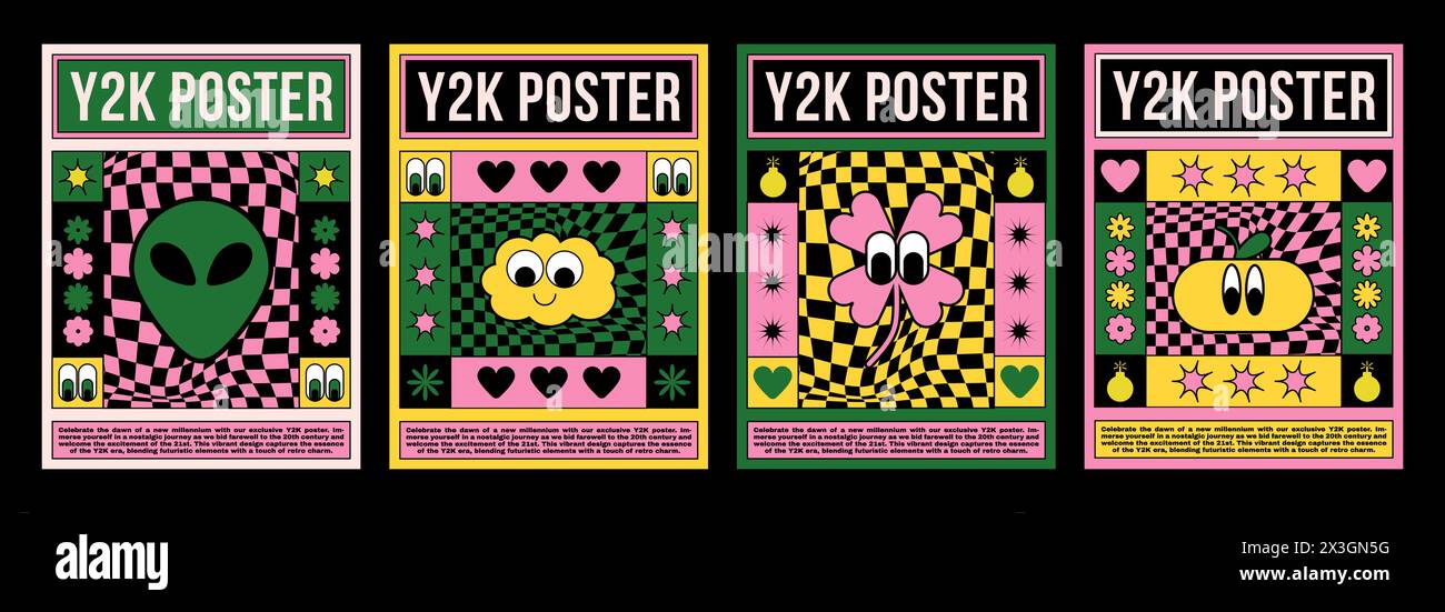 Y2k poster design template with bright abstract simple groovy sticker ...