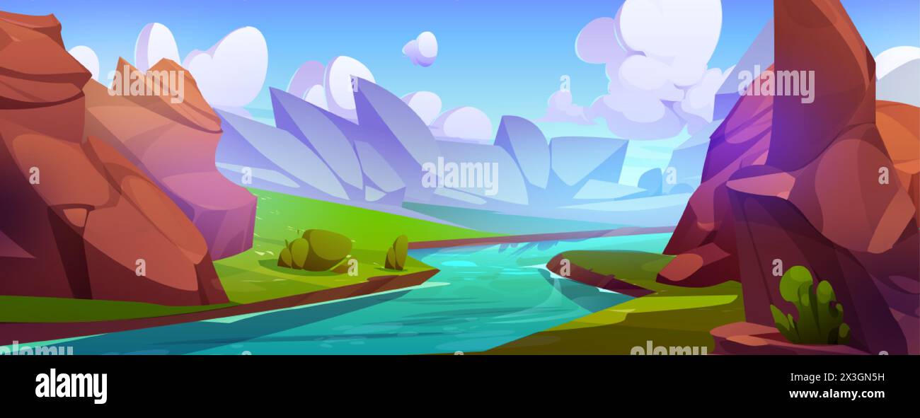 River flowing in rocky canyon valley. Vector cartoon illustration of ...