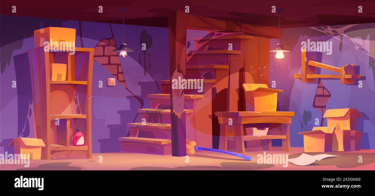 Abandoned basement room interior with cracked walls and broken stairs ...