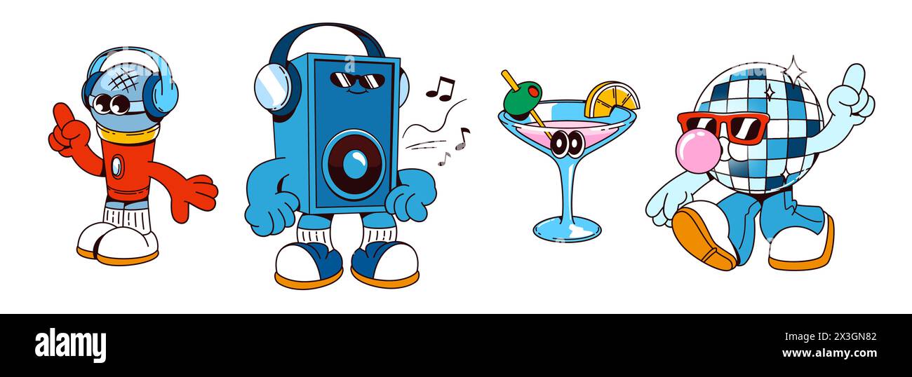 Retro music and disco party cartoon characters set. Vector illustration ...