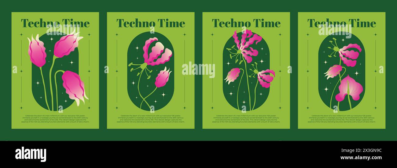 Set of y2k groovy posters with floral design. Vector realistic ...