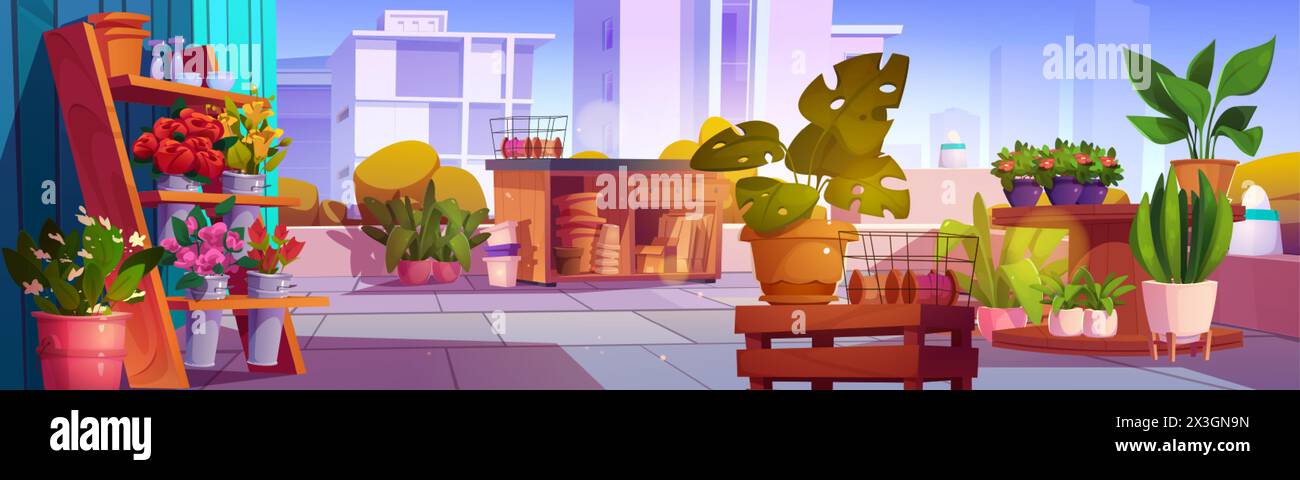 Rooftop garden on cityscape background. Vector cartoon illustration of ...